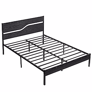VECELO Platform Bed Frame Queen Size with Black Wood Headboard, Strong Metal Slats Support Mattress Foundation, No Box Spring Needed