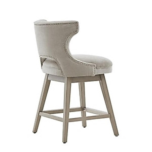Madison Park Emmett Swivel Stool-Chic Modern, Scoop Back, Counter Height Barstool, Kitchen Island Chair Solid Wood Legs, Silver Nailhead Accent, Assembly Required, 21" W x 22" D x 37" H, Light Grey
