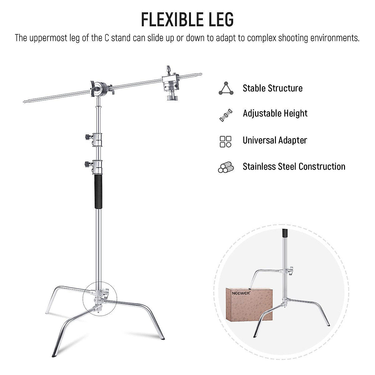 NEEWER C Stand with Boom Arm & Sliding Legs, Pro 100% Stainless Steel Stand Max Height 10.13ft/309cm with 3.9ft/120cm Arm & 2 Grip Heads for Photography Umbrellas, Reflectors, Softboxes and Monolights