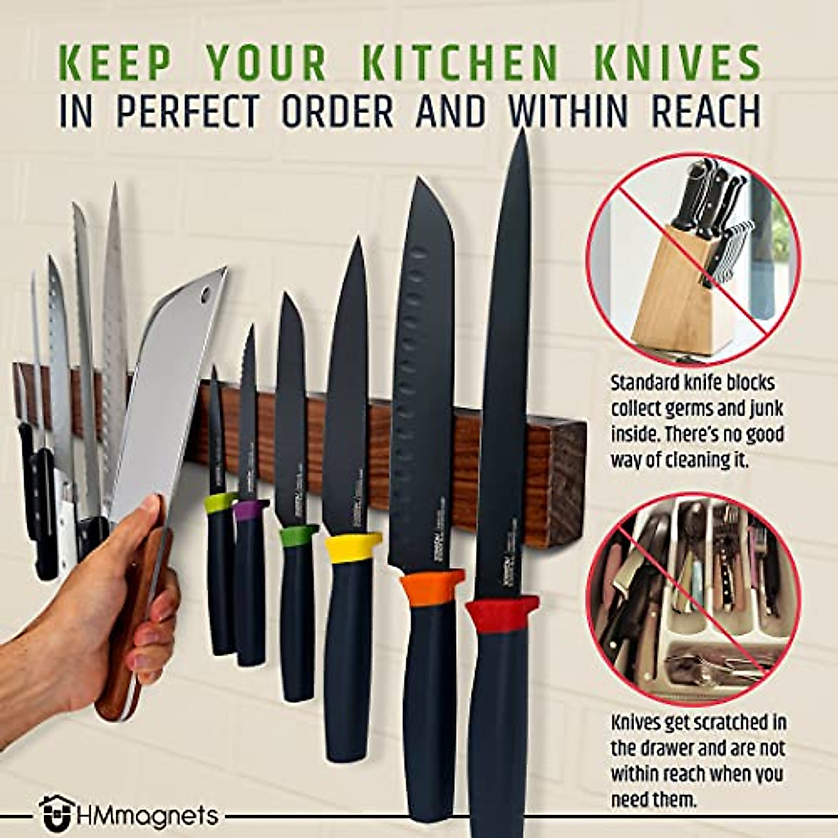 Premium 24 Inch (Large Size) Dark Walnut Wood Magnetic Knife Holder – Professional Wooden Magnetic Knife Strip - Space-Saving Knife Rack/Knife Bar With Powerful Magnetic Pull Force (Upgraded Version)