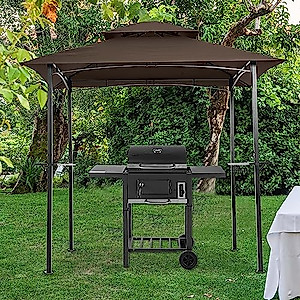 Outdoor Grill Gazebo 8 x 5 Ft, Shelter Tent, Double Tier Soft Top Canopy and Steel Frame with Hook & Bar Counters for Barbecue Picnic Party Garden (Brown)