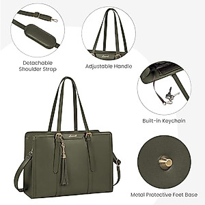 LOVEVOOK Laptop Bag for Women - 15.6 inch Lightweight PU Laptop Tote, Large Capacity Computer Bag with Clutch Purse for Business, Work, Travel, School, Casual (Olive Green, 15.6 Inch)