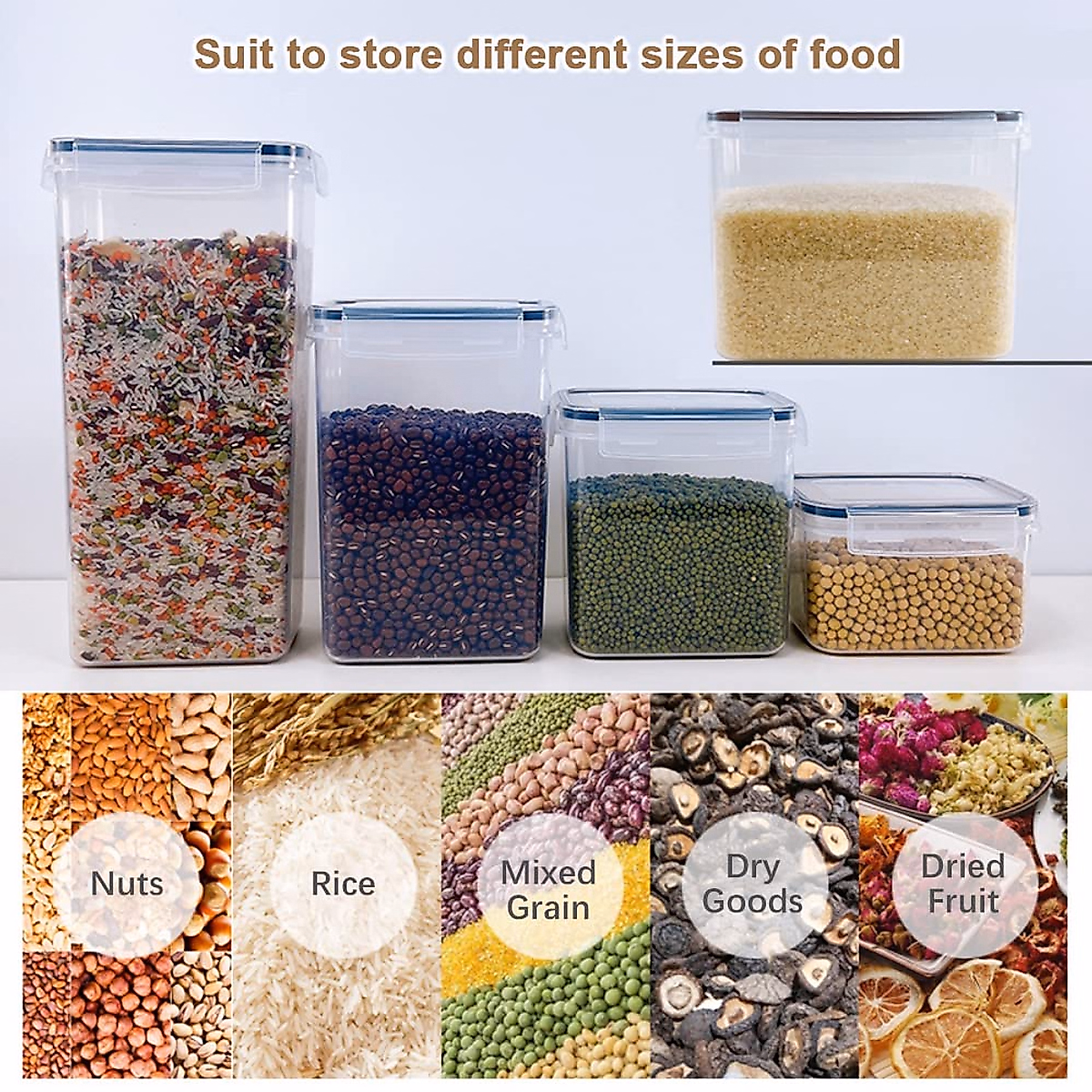Irfora 7PCS Food Storage Containers kitchen Storage Container BPA Free PP Pantry Organization with Lid Stackable Design for Cereal Snack Noodle Nut Pasta Flour Rice