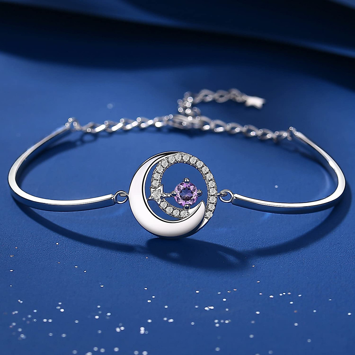FANCIME February Birthstone Bracelets for Women 925 Sterling Silver Moon and Star Bangle Charm Amethyst Bracelet Purple Gemstone Jewelry Birthday Christmas Gifts for Mom Her