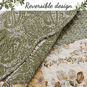 Cozy Line Home Fashions Floral Real Patchwork Green Beige Khaki Yellow Scalloped Edge Country 100% Cotton Quilt Bedding Set, Reversible Coverlet Bedspread (Laura, Twin - 2 Piece)