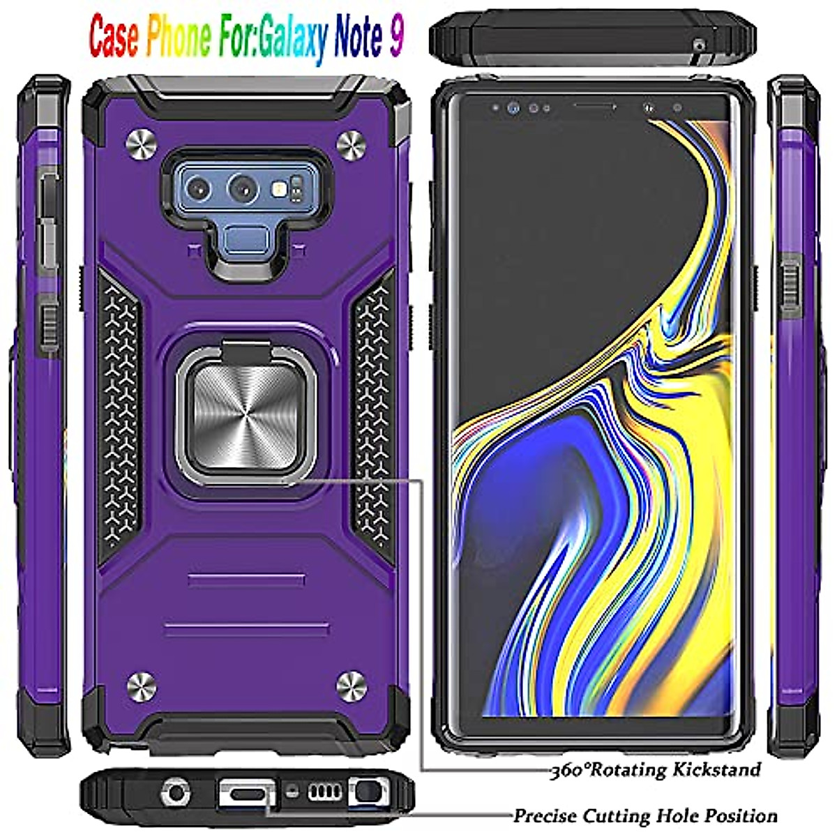 AYMECL for Galaxy Note 9 Case, Note 9 Case with Self Healing Flexible TPU Screen Protector [2 Pack], Military Grade Double Shockproof with Kickstand Protective Case for Samsung Note 9-Purple