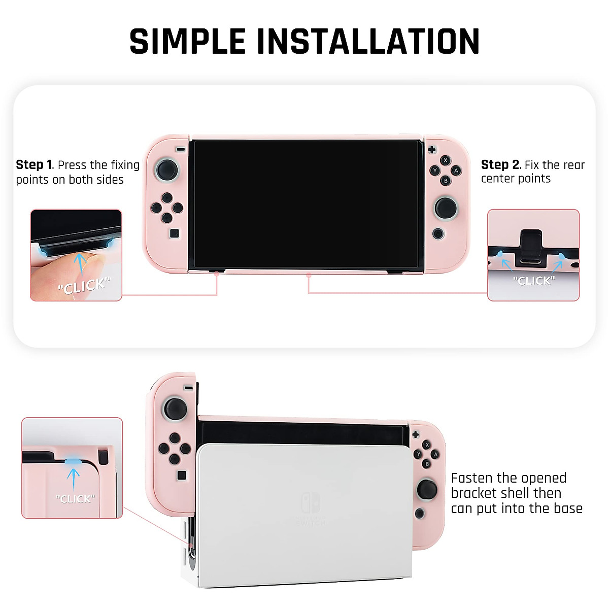 FUNDIARY Dockable Pink Case for Nintendo Switch OLED Model 2021 Skin, Accessories Cover for Switch OLED Console & Joycon with Screen Protector and 4 Thumb Grip Caps - Full Protection by Flip Shell