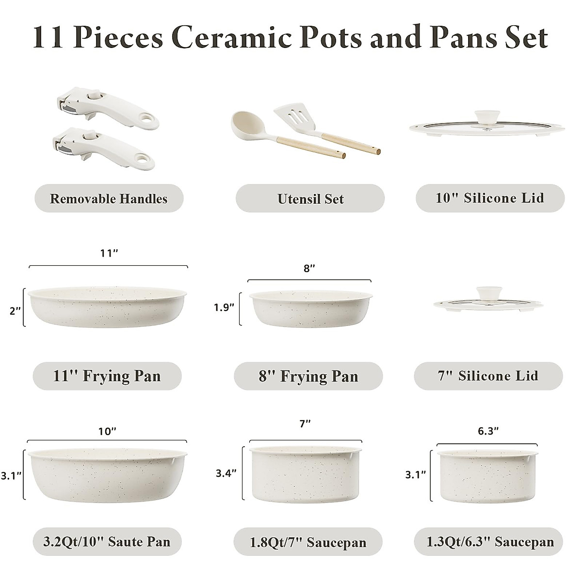 Bazova 11 Pcs Pots and Pans Set Non Stick with Removable Handles,Ceramic Cookware Set Non Toxic,Induction Kitchen Cooking Sets,Nonstick RV Cookware,Dishwasher/Oven Safe,PFAS/PTFE/PFOA Free,Cream White