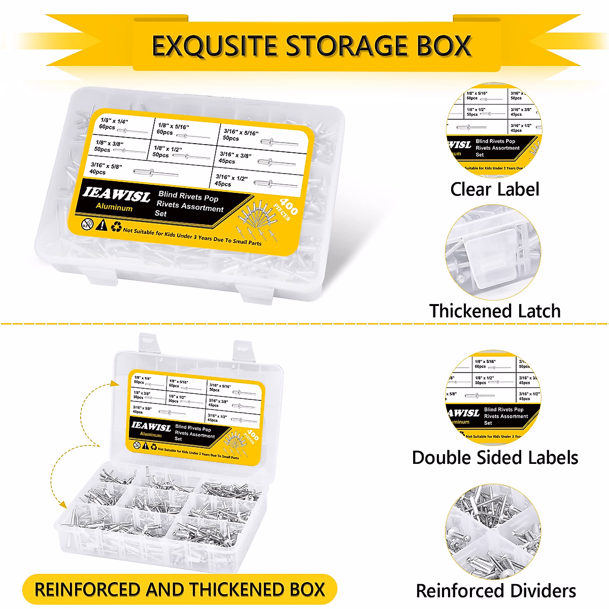 400PCS Silver Pop Rivets Assortment Kit, 8 SAE Sizes Aluminum Rivets (1/8" 3/16") with Reinforced Divider & Labeled Case for Storage
