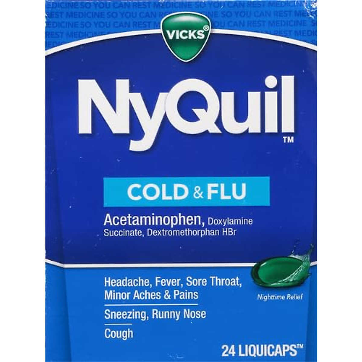Vicks NyQuil Cold and Flu Relief Liquid Medicine, Powerful Multi-Symptom Nighttime Relief for Headache, Fever, Sore Throat, Minor Aches and Pains, Sneezing, Runny Nose, and Cough, 24 Liquicaps