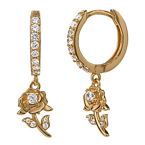 Disney Beauty and the Beast Flash Plated Sterling Silver Cubic Zirconia Huggie Hoop Earrings, Official License