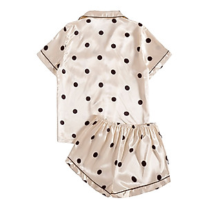 LYANER Women's Polka Dots Silky Satin Pajamas Short Sleeve Top with Shorts Sleepwear PJ Set Beige Small