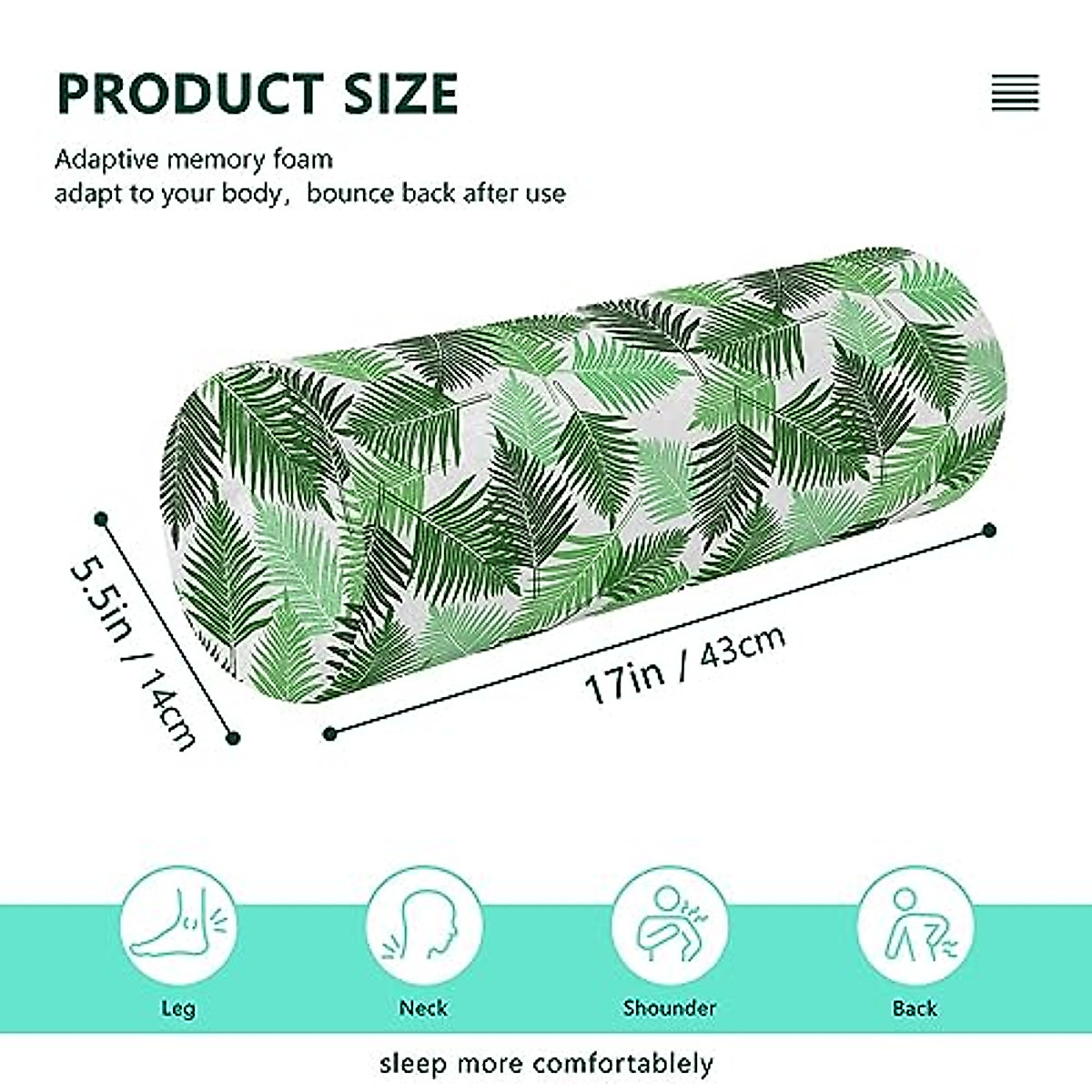 Vnurnrn Tropical Leaves Neck Support Pillow Round Neck Roll Bolster Cylinder Pillow Cervical Pillows Round Neck Pillow for Leg Knee Back Head Support for Work Women Men Traveling Headrest
