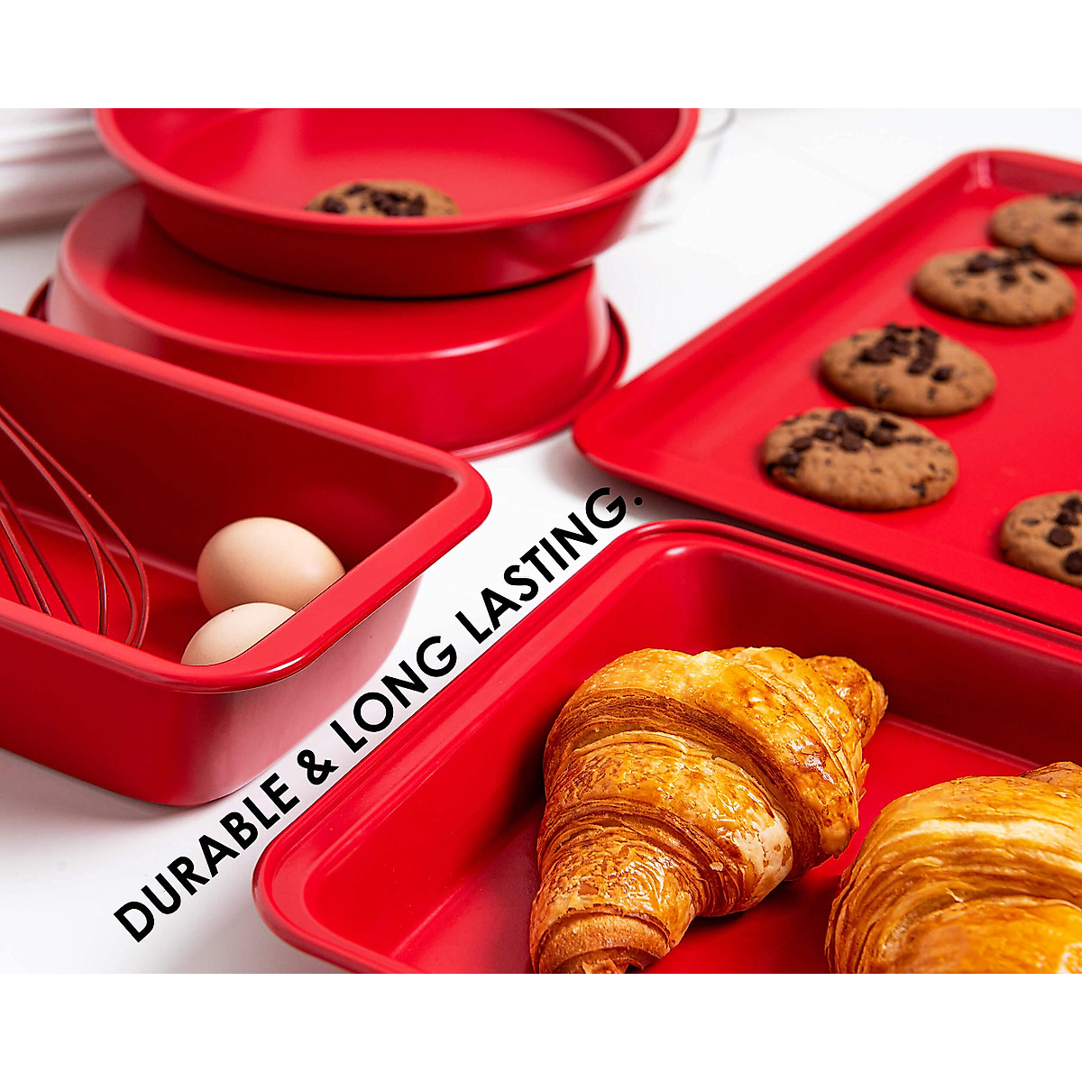 Rorence Nonstick Steel Bakeware Set: Cookie Sheet, Rectangular Cake Pan, 2 Round Cake Pans, Muffin Pan, Loaf Pan & Cooling Rack - Set of 7 - Red