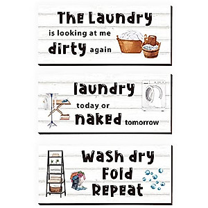 CAKIROTS Laundry Room Decor and Accessories 3 Pieces Laundry Room Organization Wooden Signs Wash Dry Fold Repea Accessories Wood Laundry Rules Sign, 12 x 5 Inch