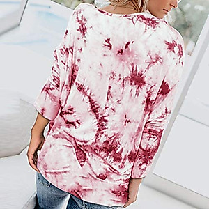 Women's Fashion Casual Tie-Dye Crewneck Knot Long Sleeve Loose Pullover Tops Red