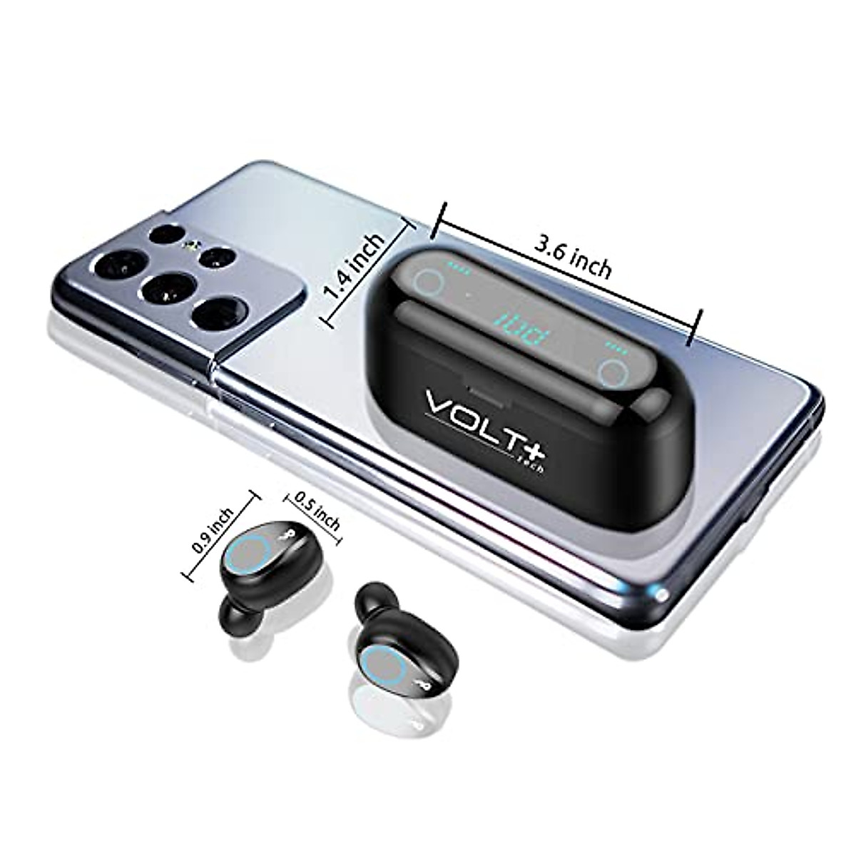 VOLT PLUS TECH Wireless V5.0 Bluetooth Earbuds Compatible with CAT S62 LED Display, Mic 8D Bass IPX7 Waterproof/Sweatproof (Black)