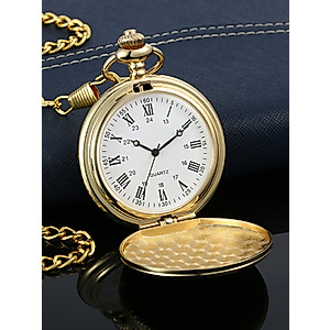 Vintage Pocket Watch Gold Steel Men Watch with Chain for Fathers Day Gift