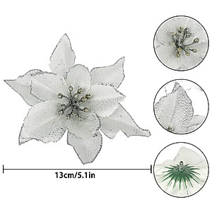 Christmas Glitter Flower Ornaments,Jchen 16Pcs Glitter Bling Christmas Tree Ornaments Artificial Christmas Flowers Christmas Tree Decoration Flower for Christmas Home Party Wedding Decor (Silver)