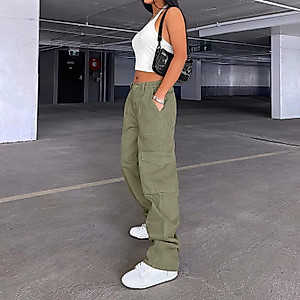 Cargo Pants Women High Waist Baggy Cargo Jeans Relaxed Fit Y2K Streetwear Pants Casual Elastic Waistband Combat Military Trousers L-Gray Green.