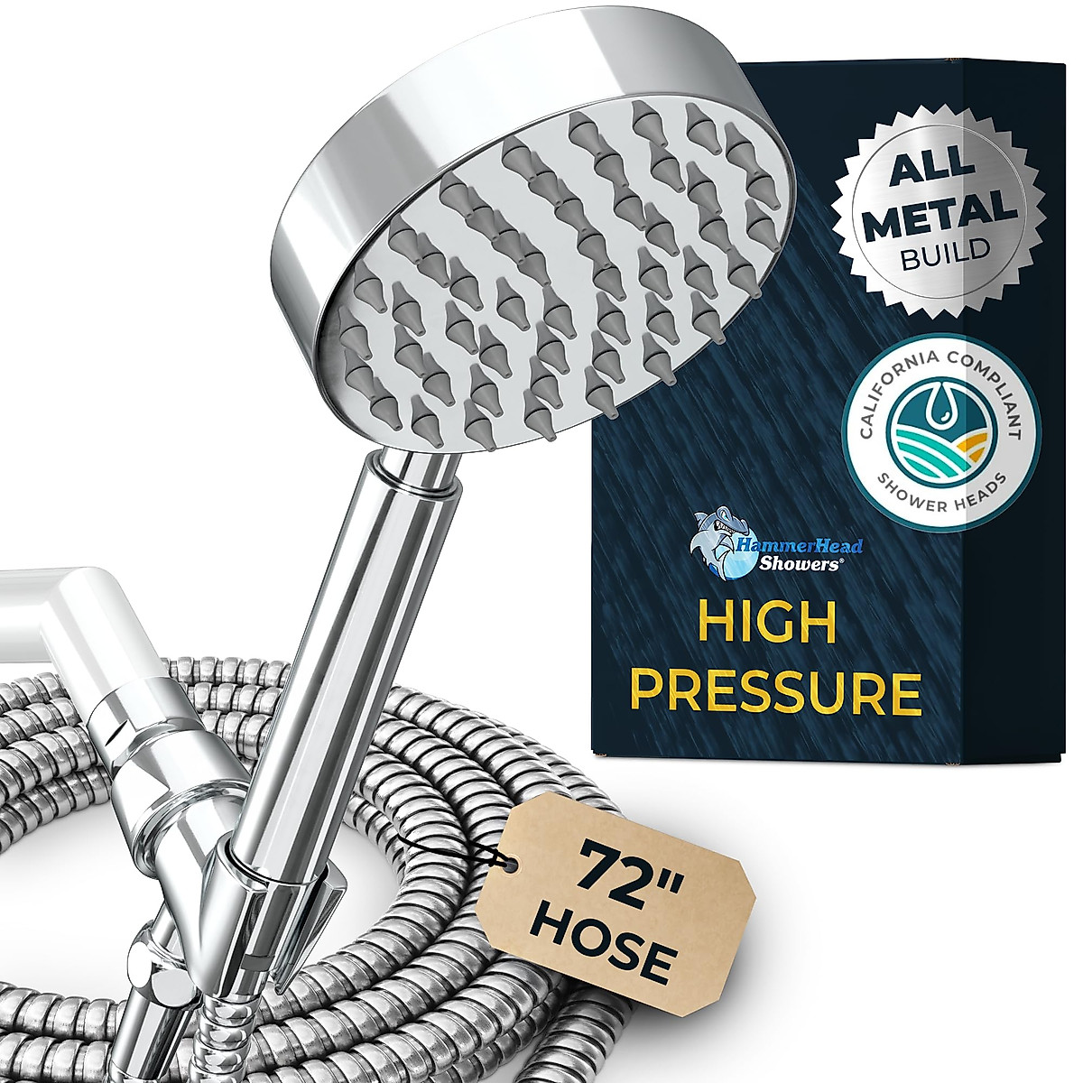 HammerHead Showers® ALL METAL LOW FLOW Handheld Shower Head with Hose and Brass Holder - CHROME – Water Saving 1.75 GPM Detachable Shower Head - Adjustable Shower Wand Bracket & 6ft Hose