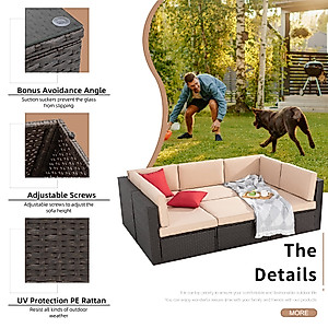 Shintenchi 6 Pieces Patio Furniture Sets Outdoor All-Weather Sectional Patio Sofa Set PE Rattan Manual Weaving Wicker Patio Conversation Set with Glass Table&Ottoman Cushion and Red Pillows, neutral