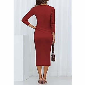 Uusollecy Women's Long Sleeve Cutout Dress, Sexy Bodycon Midi Dresses, Fall Dress for Women Knee Length Red X-Large
