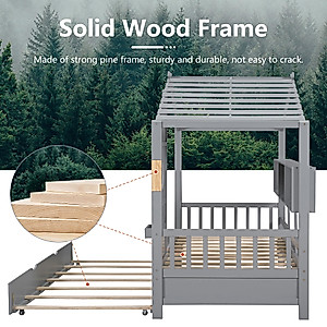 HUMEHA Twin Bed Frames for Kids, House Bed with Trundle and Shelves, Wood Playhouse Platform Bed Frame with Window and Fence for Boys Girls, Gray, 74.4" L x 42.7" W x 72" H