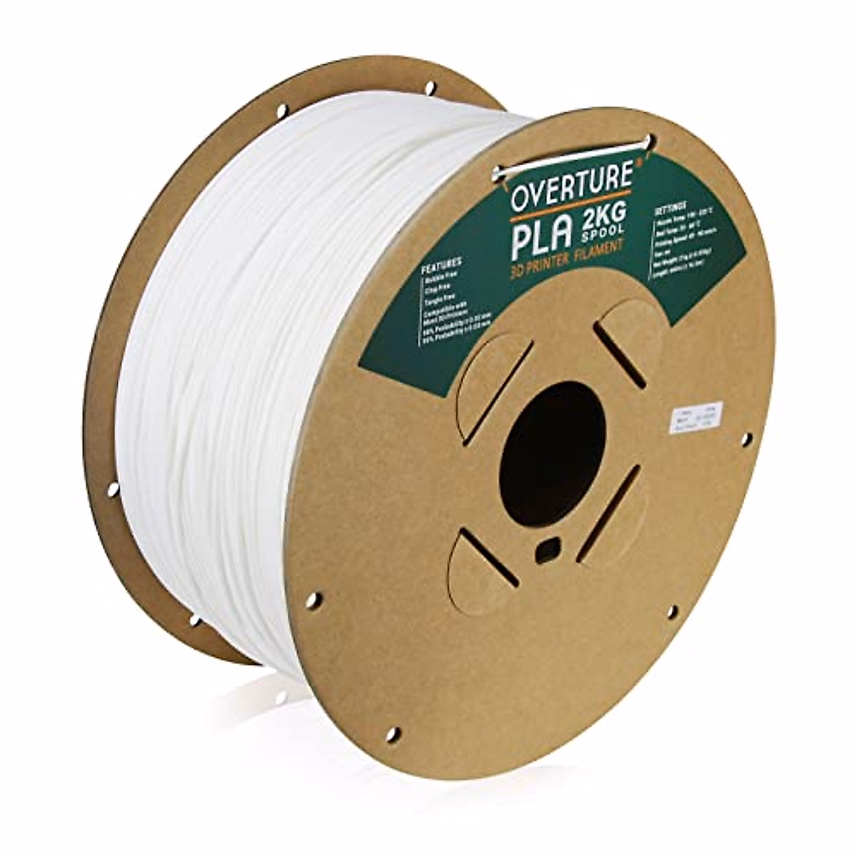 OVERTURE PLA Filament 1.75mm PLA 3D Printer Filament, 2kg Cardboard Spool (4.4lbs), Dimensional Accuracy +/- 0.03mm, Fit Most FDM Printer(White 2KG-1 Pack)
