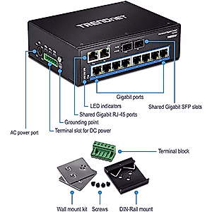 TRENDnet 10-Port Hardened Industrial Gigabit DIN-Rail Switch, 20Gbps Switching Capacity, DIN-Rail and Wall Mounts Included, Dual Redundant, Two RJ-45/SFP Ports, Lifetime Protection, Black, TI-G102