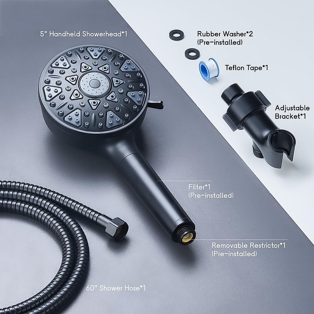 InoFlow High Pressure Filtered Shower head with Handheld 7 Modes, 5” High Flow Hand Held Hydro Rain Showerhead with 60" Stainless Steel Hose and Adjustable Bracket, Matt Black