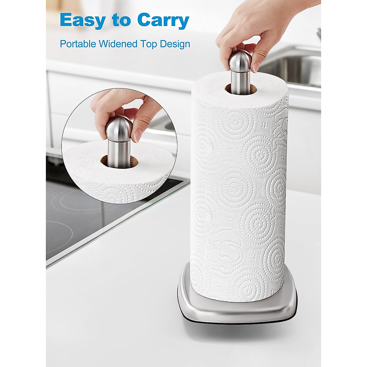 SMARTAKE Paper Towel Holder for Countertop, Standing Kitchen Roll Holder with Suction Cups, Non-Slip Paper Towel Stand, Stainless Steel, Weighted Base, for Kitchen Bathroom, Square Base (Silver)