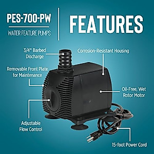 Little Giant PES-700-PW 115-Volt, 725 GPH Magnetic Drive Fountain/Pond Pump with 15-Ft. Cord, Black, 566720