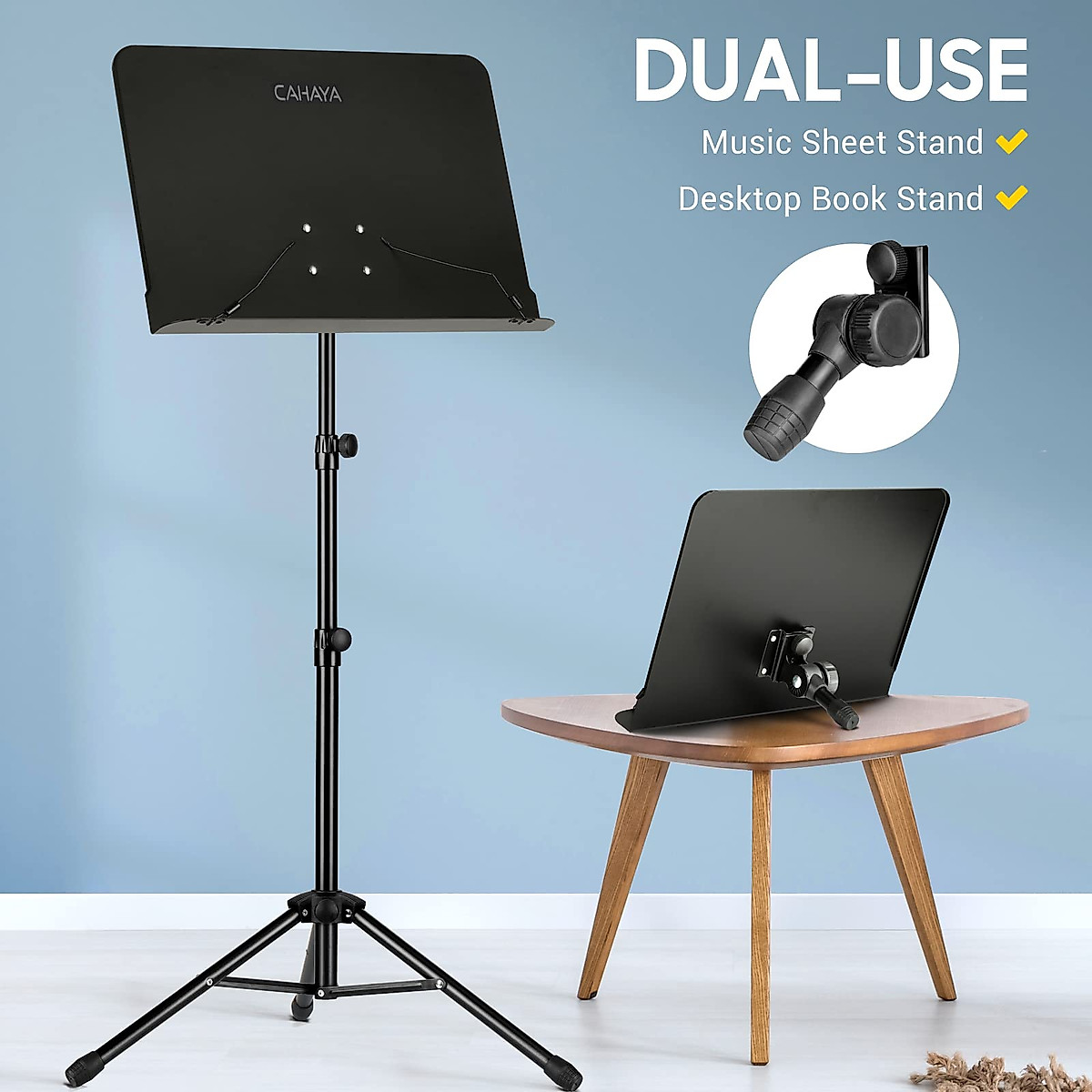 CAHAYA 6 IN 1 Sheet Music Stand with Stand Light Desktop Book Stand with Carrying Bag, Sheet Music Folder & Clip Metal Portable Solid Back for Guitar, Ukulele, Violin Players