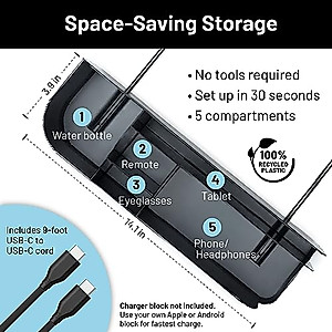 Squirrel - The Bedside Perch | USB-C & USB-A Charging Bedside Caddy and Bed Table Tray Organizer | Space-Saving Dorm Room Essentials & Small Space Storage | Made with 100% Recycled Plastic (Black)