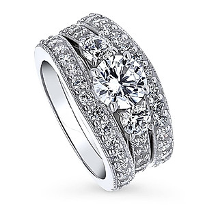 BERRICLE Sterling Silver 3-Stone Wedding Engagement Rings Round Cubic Zirconia CZ Ring Set for Women, Rhodium Plated Size 7