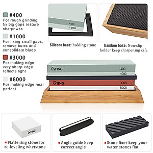 Sharpening Stone Whetstone Knife Sharpener, G-TING 400/1000 and 3000/8000 Grit Knife Sharpening Kit Wet Stone with Flattening Stone, Angle Guide, Non Slip Bamboo Base for Kitchen Knives, Pocket Knife