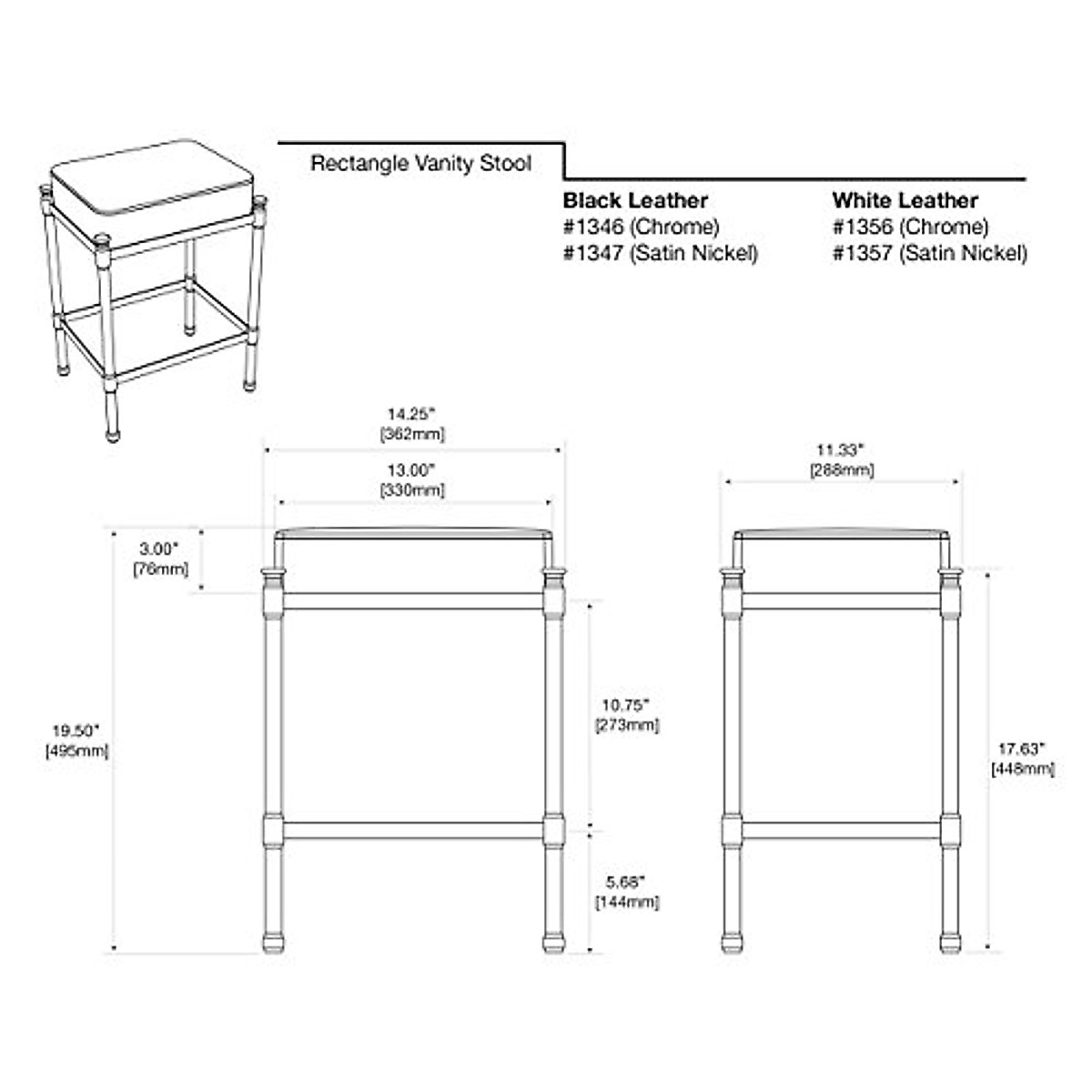 Gatco 1357 Rectangle Vanity Stool, 19.5" H, Satin Nickel
