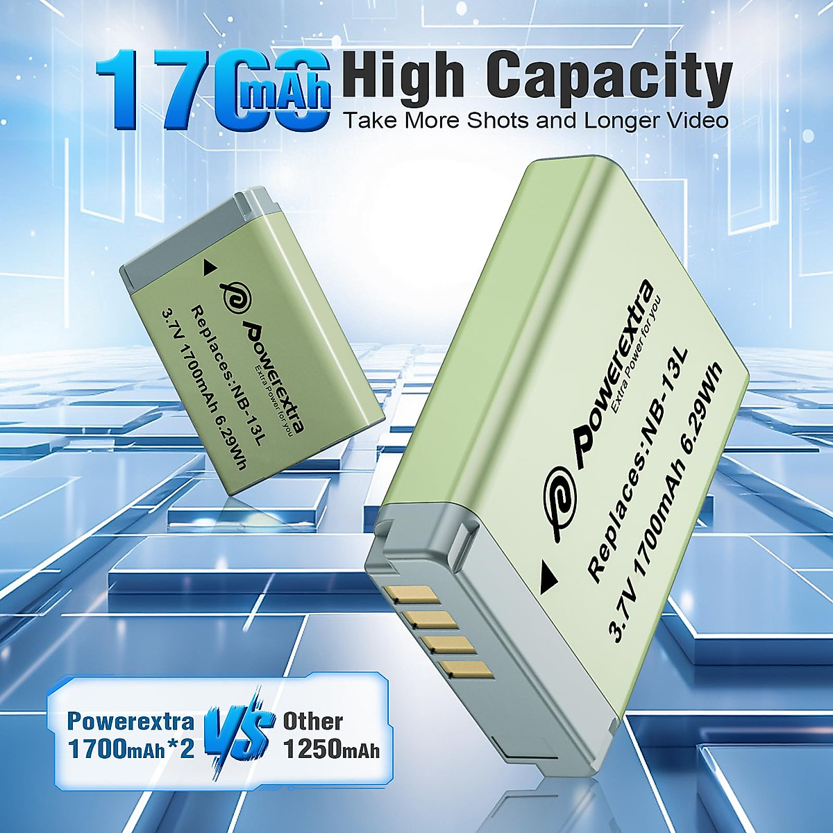 Powerextra NB-13L Battery 2 Pack Replacement NB-13L for Canon, Battery and Charger for PowerShot G5 X G7 X G7 X Mark II G9 X G9 X Mark II SX620 HS SX720 HS SX730 HS