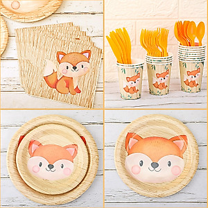 Yoande 194 Pcs Fox Duck Bird Theme Birthday Party Supplies Woodland Animal Face Paper Dessert Plates Knives Forks Spoons Cups Napkins for Kids Girl Boy Baby Shower Tableware Set Serves 24 (Fox)