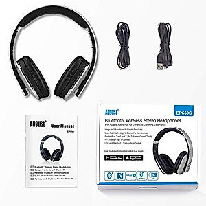 August EP650 Bluetooth Wireless Over Ear Headphones with aptX LL Low Latency/Multipoint/NFC / 3.5mm Audio in/Headset Microphone - Silver