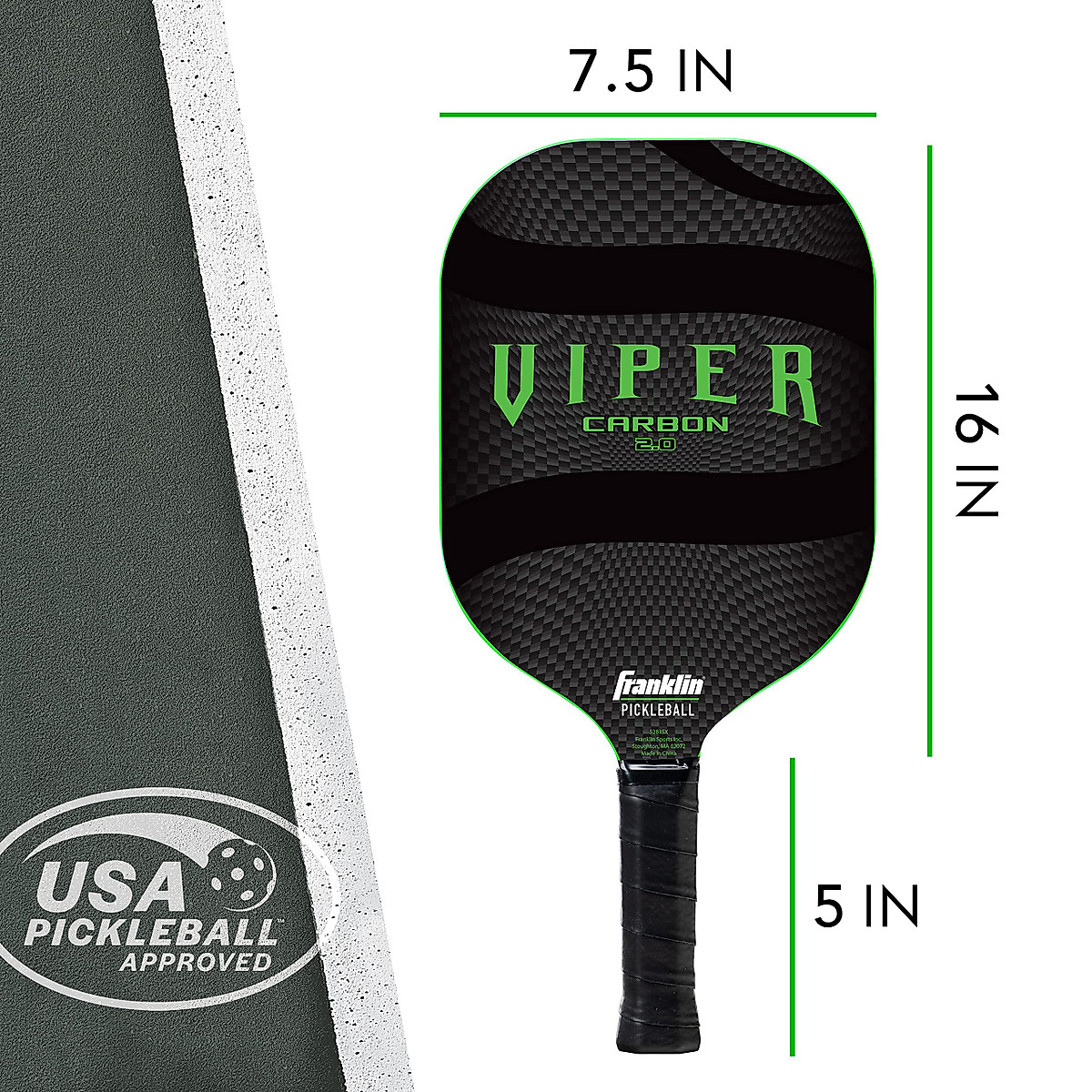 Franklin Sports Pickleball Paddle - Viper Carbon Fiber Core Pickleball Paddle - USA Pickleball (USAPA) Approved Paddle - 13mm Carbon Fiber Core,Green