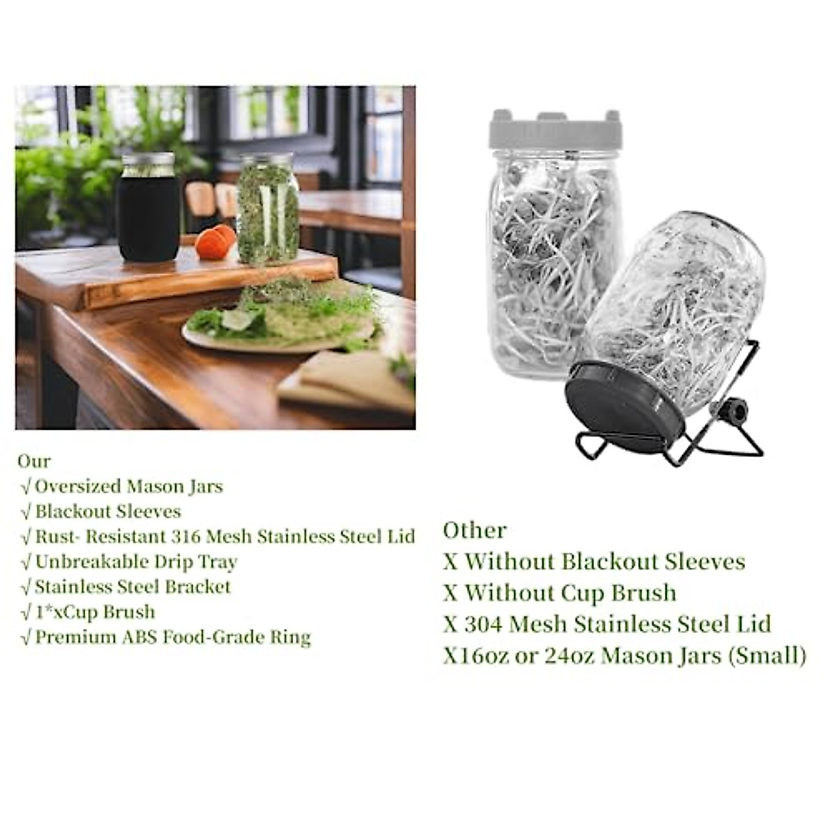 Lulonpon 2 Sprouting Jar Kit, Wide Mouth Quart Mason Jars with Stainless Steel Screen Sprout Lids, 86mm,1000ml,Stand,Tray and Canning Brush,Seed Sprouter Set for Growing Broccoli, Alfalfa (2)