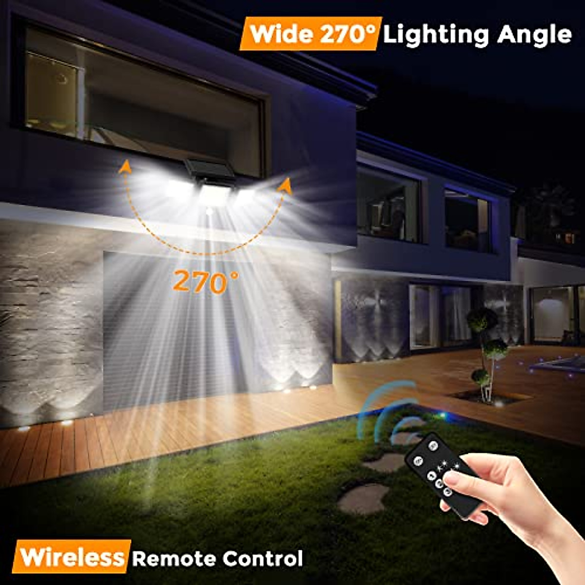 QIYVLOS Solar Lights Outdoor -2 Pack, 210 LED 2500LM Motion Sensor Lights with Remote Control, IPX5 Waterproof, 3 Heads Security LED Flood Light, 360° Wide Angle Illumination Wall Light with 3 Modes