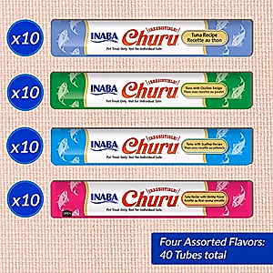 INABA Churu Cat Treats, Grain-Free, Lickable, Squeezable Creamy Purée Cat Treat/Topper with Vitamin E & Taurine, 0.5 Ounces Each Tube, 40 Tubes, Tuna & Seafood Variety Box