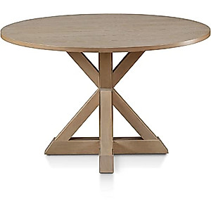 Finch Alfred Round Solid Wood Rustic Dining Table for Farmhouse Kitchen Room Decor, Wooden Trestle Pedestal Base, 46.5" Wide Circular Tabletop, Distressed Beige