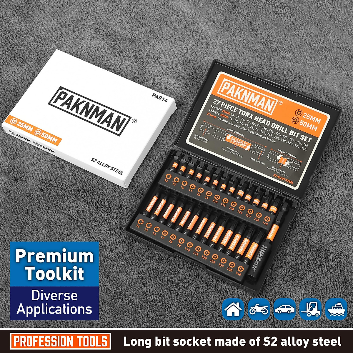 PAKNMAN 27-Piece Torx Bit Set, 1/4”Magnetic Extension, T4 - T40, S2 Steel, 1/4 Hex-Shank Security Torx Bit Set, 1” & 2” Long with Magnetic Impact Bit Holder and Storage Box