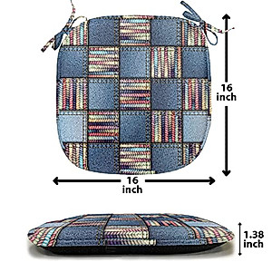 Lunarable Geometric Chair Seating Cushion Set of 2, Quilt Design with Scraps of Denim and Knit Graphic Colorful Melange Print, Seat Pads for Office with Anti-Slip Backing, 16"x16", Blue Multicolor