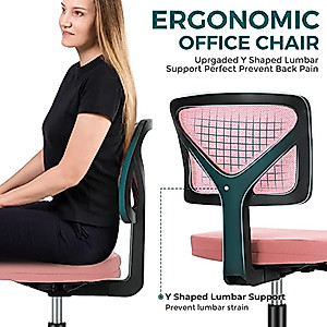 DUMOS Armless Desk Wheels Cute Home Office Chairs, Ergonomic Adjustable Swivel Rolling Task, Comfy Mesh Mid Back Computer Work Vanity Chair for Small Spaces, Pink