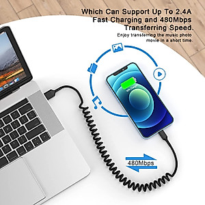 Coiled Lightning Cable for iPhone, 2 Pack [Apple MFi Certified] 6FT USB to Lightning Cord Coil iPhone Charger Cable for Car Compatible with iPhone 14 13 12 11 Pro Max XS XR X 8 7 6 iPad, White